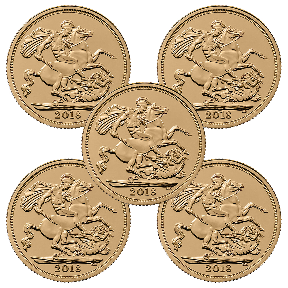 Bundle of 5x Gold Sovereigns - Royal Mint Gold Coins - Gold Bullion Co
